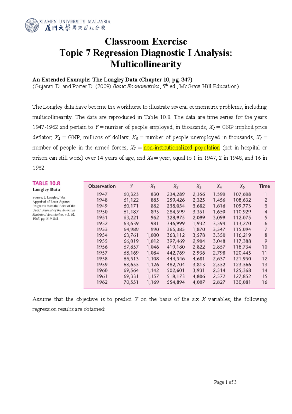 Classroom Exercise Topic 7 Regression Diagnostic 1 Multicollinearity ...