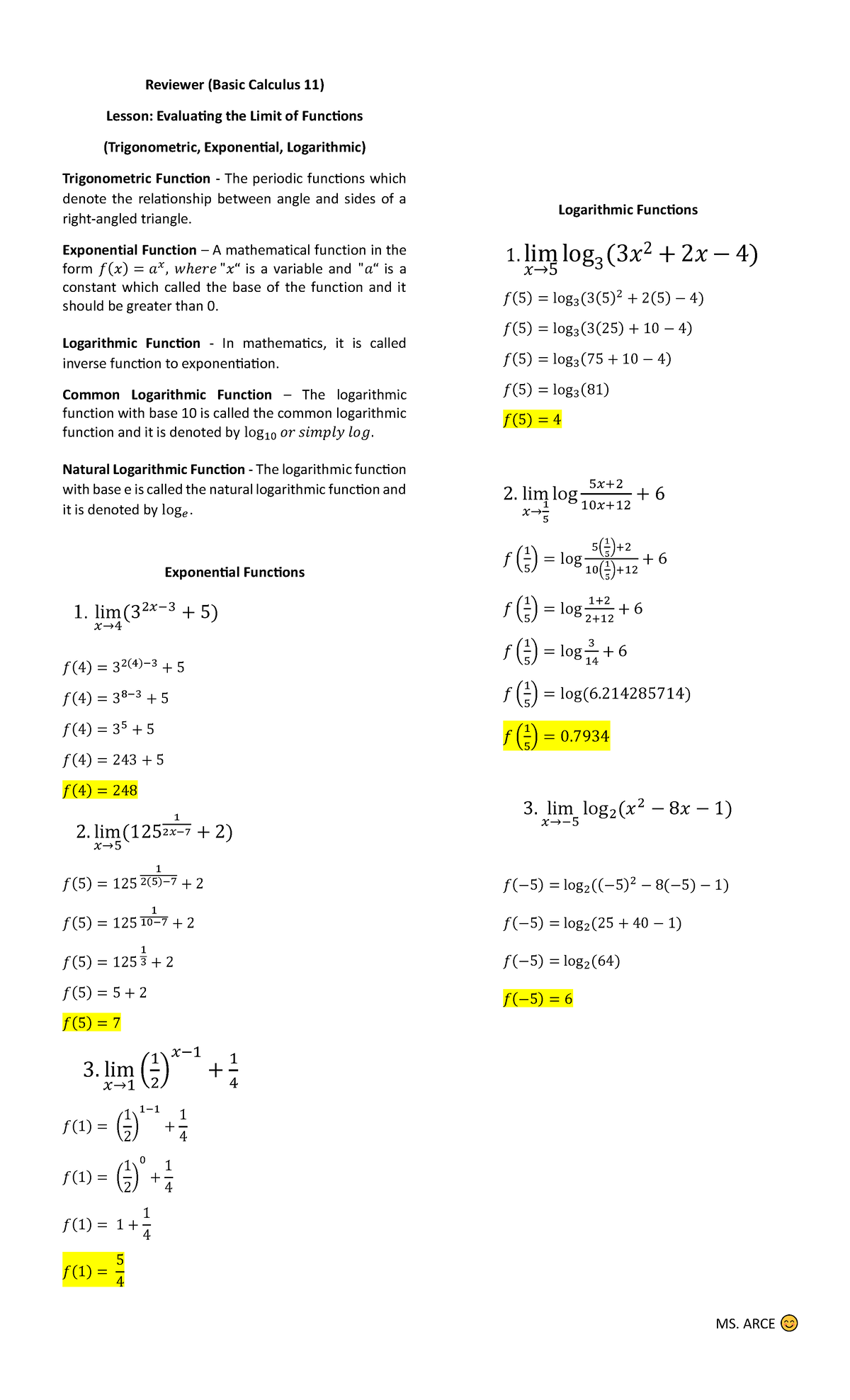 4th QT Reviewer BSC - MS. ARCE Reviewer (Basic Calculus 11) Lesson ...
