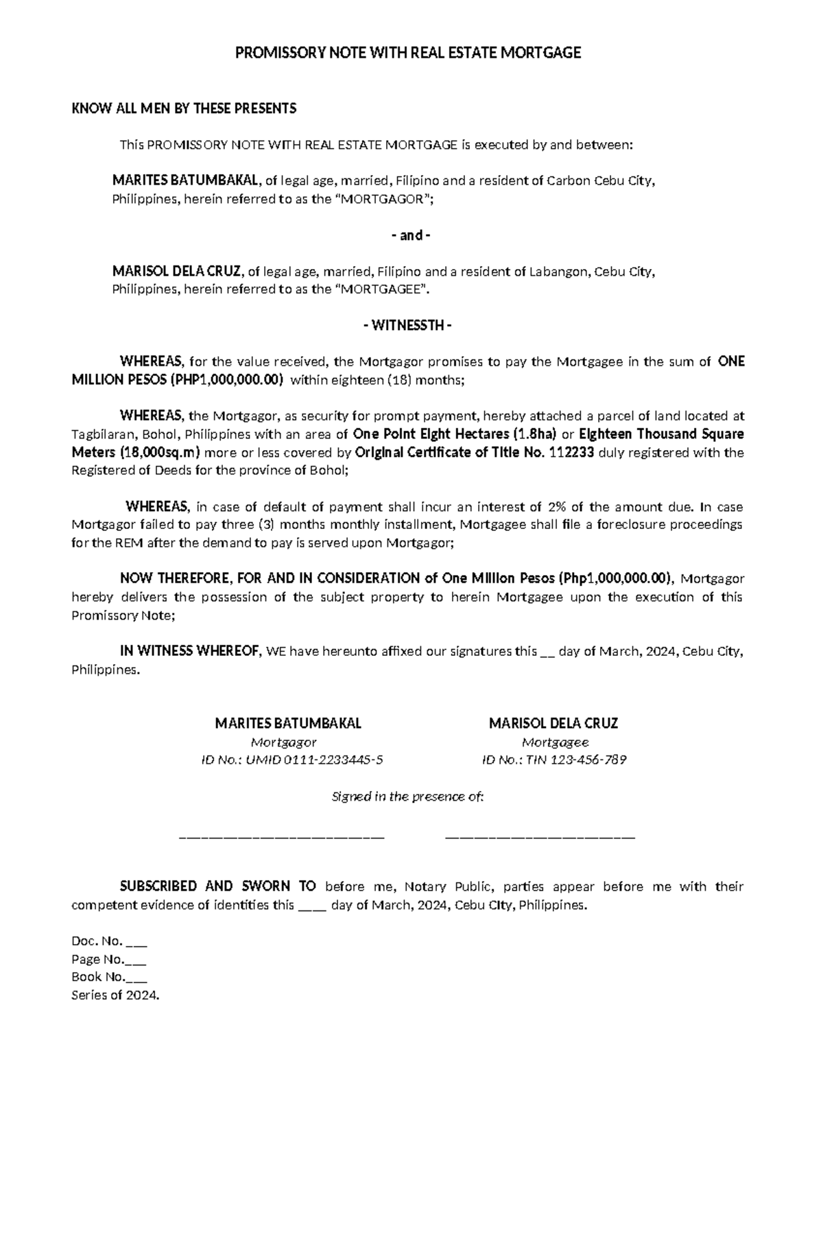 Sample Promissory Note with REM - PROMISSORY NOTE WITH REAL ESTATE ...