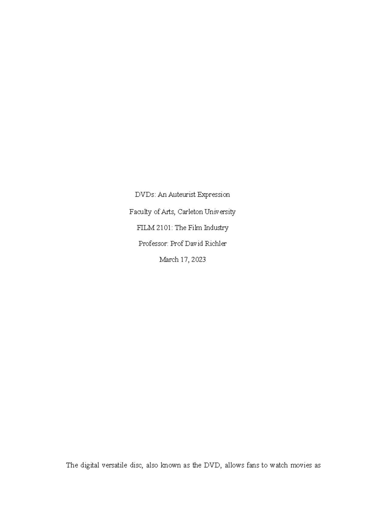 (FILM 2101) WEEK 8 - Reading Response - DVDs: An Auteurist Expression ...