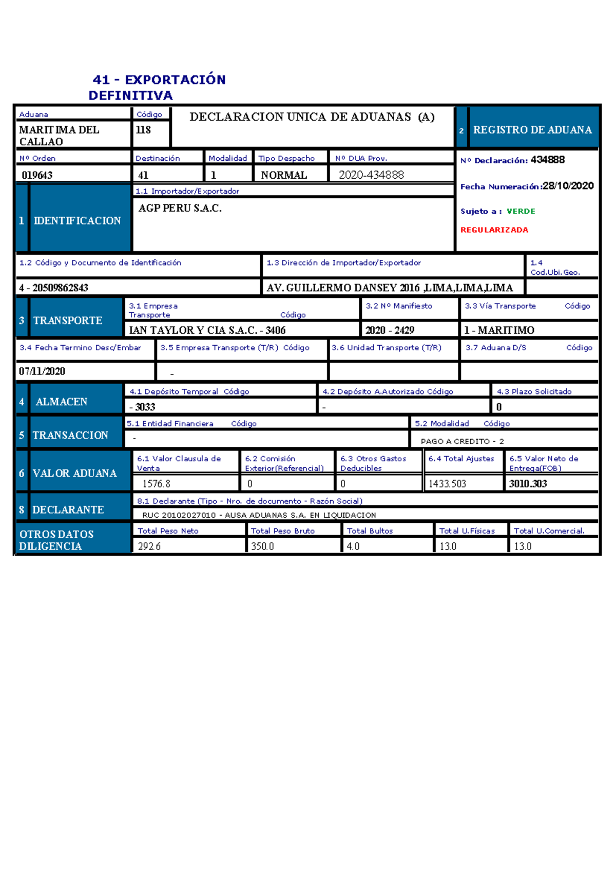 DAM - DDDDDDDDDDD - 41 - EXPORTACIÓN DEFINITIVA Aduana Código DECLARACION UNICA DE ADUANAS (A ...