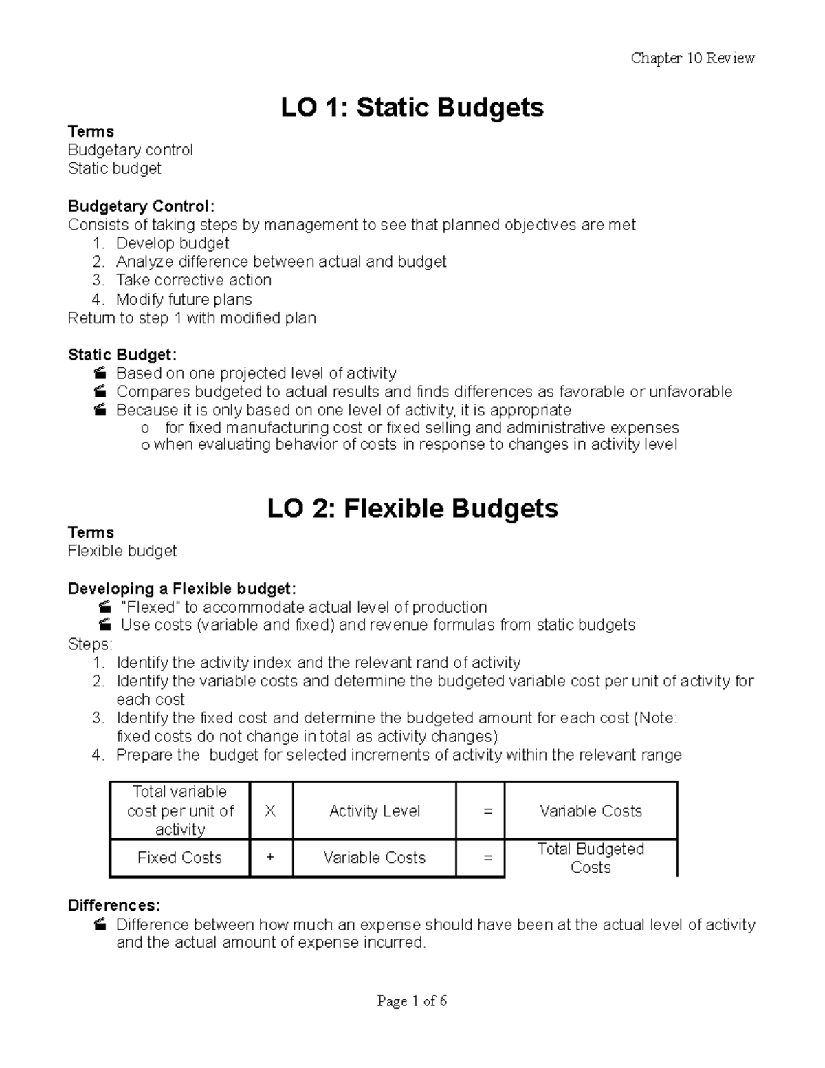 Chapter 10 REV - LO 1: Static Budgets Terms Budgetary control Static ...
