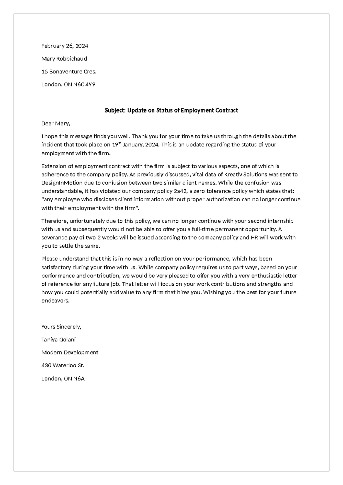 Communication assignment- Writing indirect letter - February 26, 2024 ...