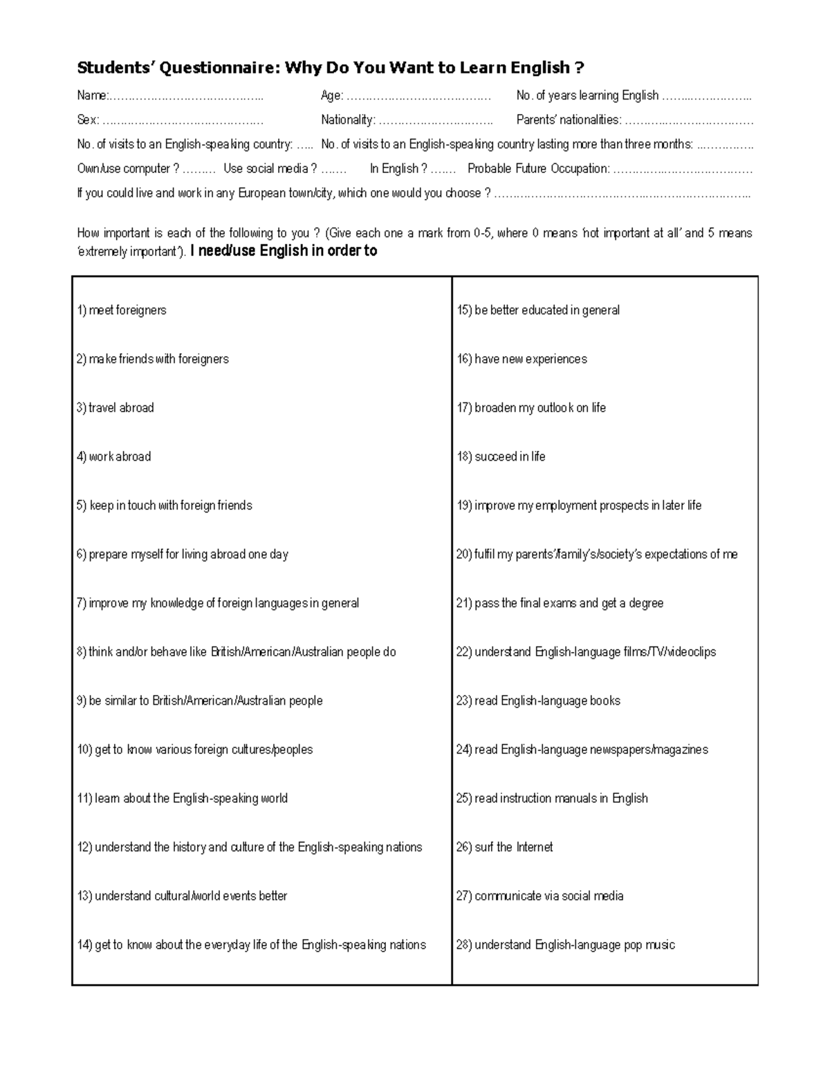 A2 lesson 1 - utile - Students’ Questionnaire: Why Do You Want to Learn ...