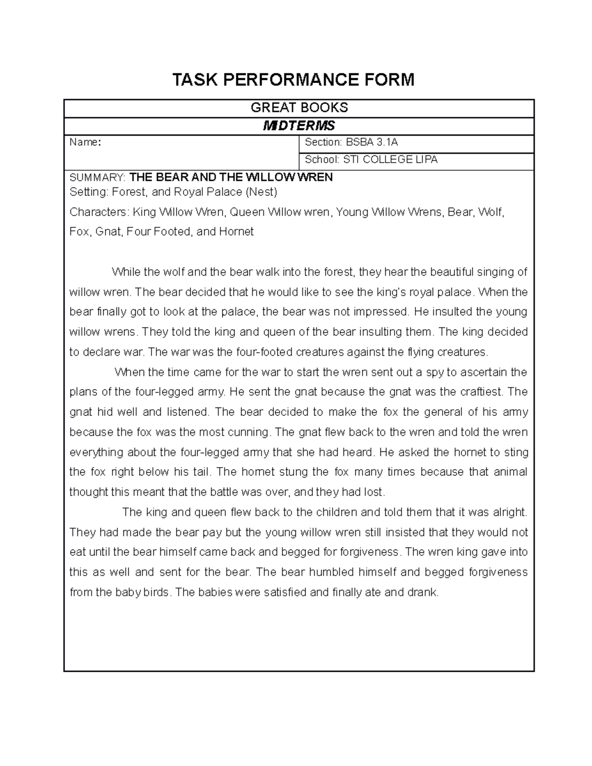 TASK- Performance-FORM - TASK PERFORMANCE FORM GREAT BOOKS MIDTERMS Name: Section: BSBA 3 School ...