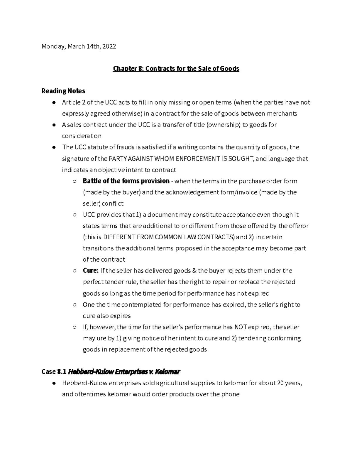 Chapter 8 Lecture Notes - Monday, March 14th, 2022 Chapter 8: Contracts ...