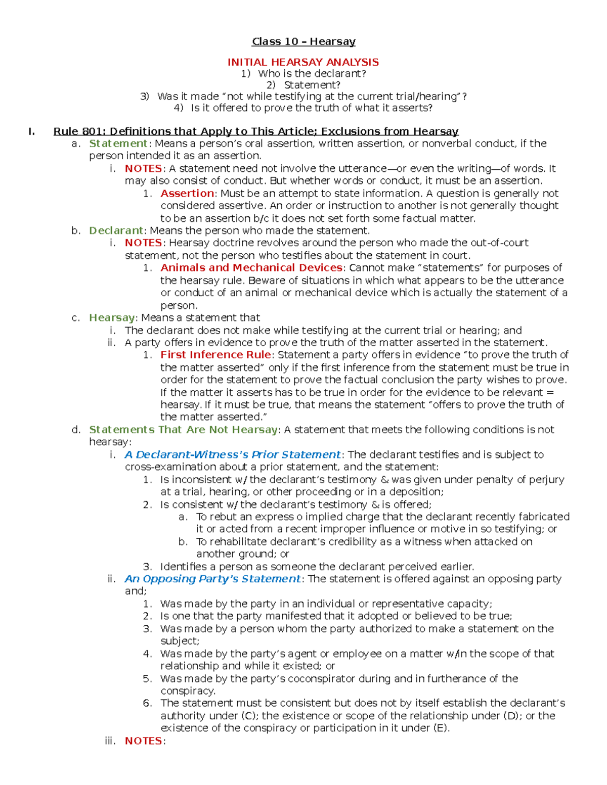 Class 10 - Hearsay - Lecture notes 10 - Class 10 – Hearsay INITIAL ...