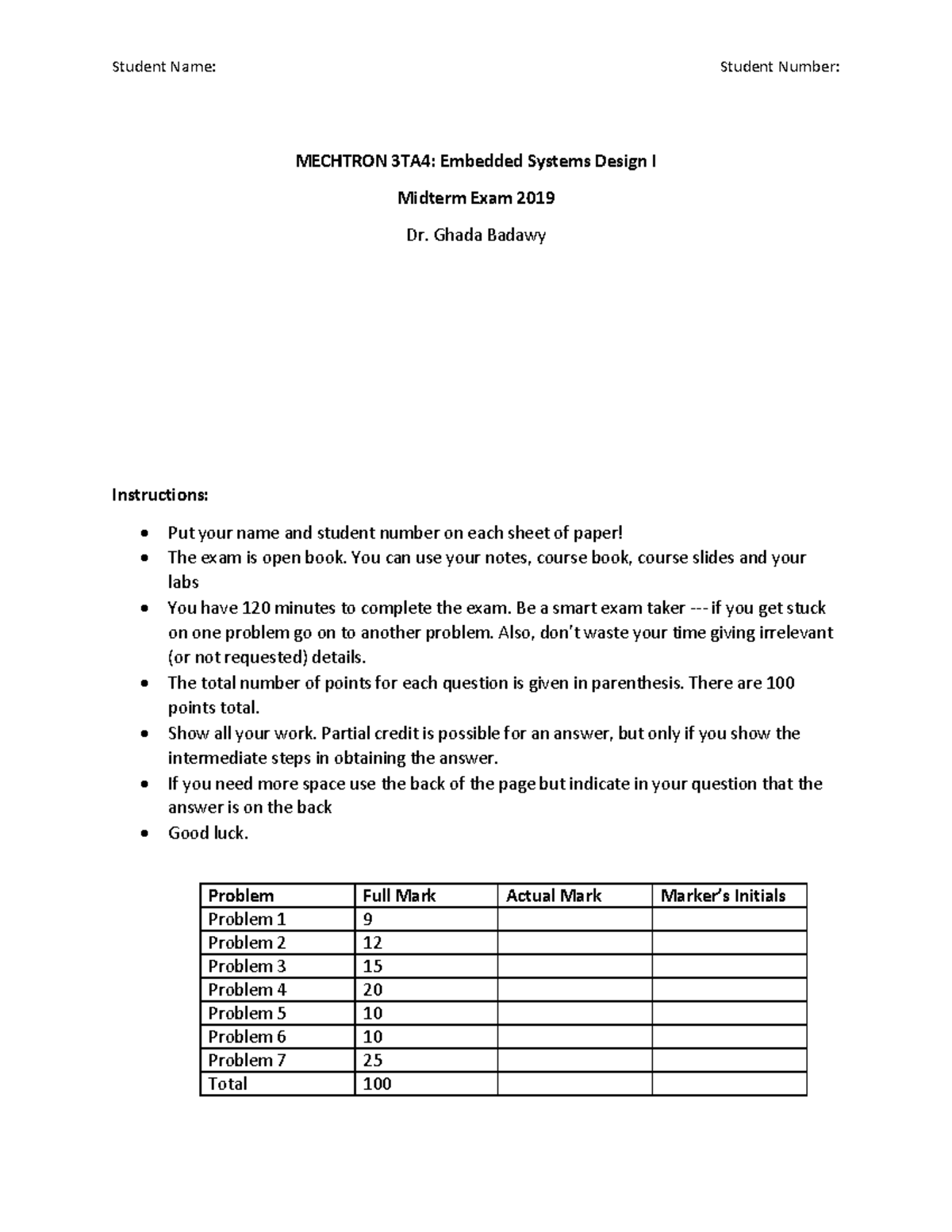 Midterm 2019 Solution - MECHTRON 3TA4: Embedded Systems Design I Midterm Exam 2019 Dr. Ghada ...