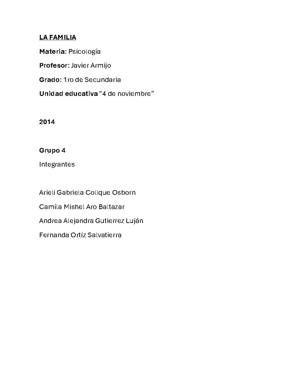 Proyecto psico - jghkiuyhikuikuiku - LA FAMILIA Materia: Psicología ...