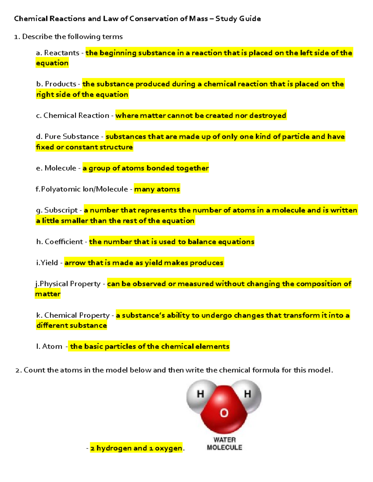 Jorden Cook - Chem Unit 3 study guide - Chemical Reactions and Law of ...