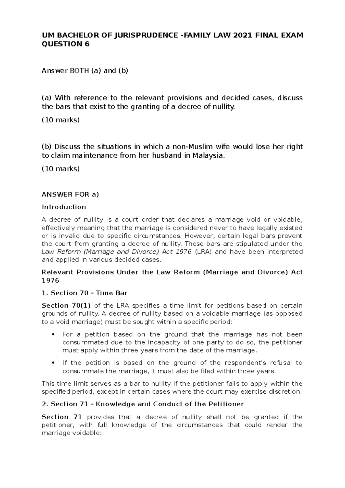 2021 Q6 - bars to granting of decree of nullity & how woman can lose ...