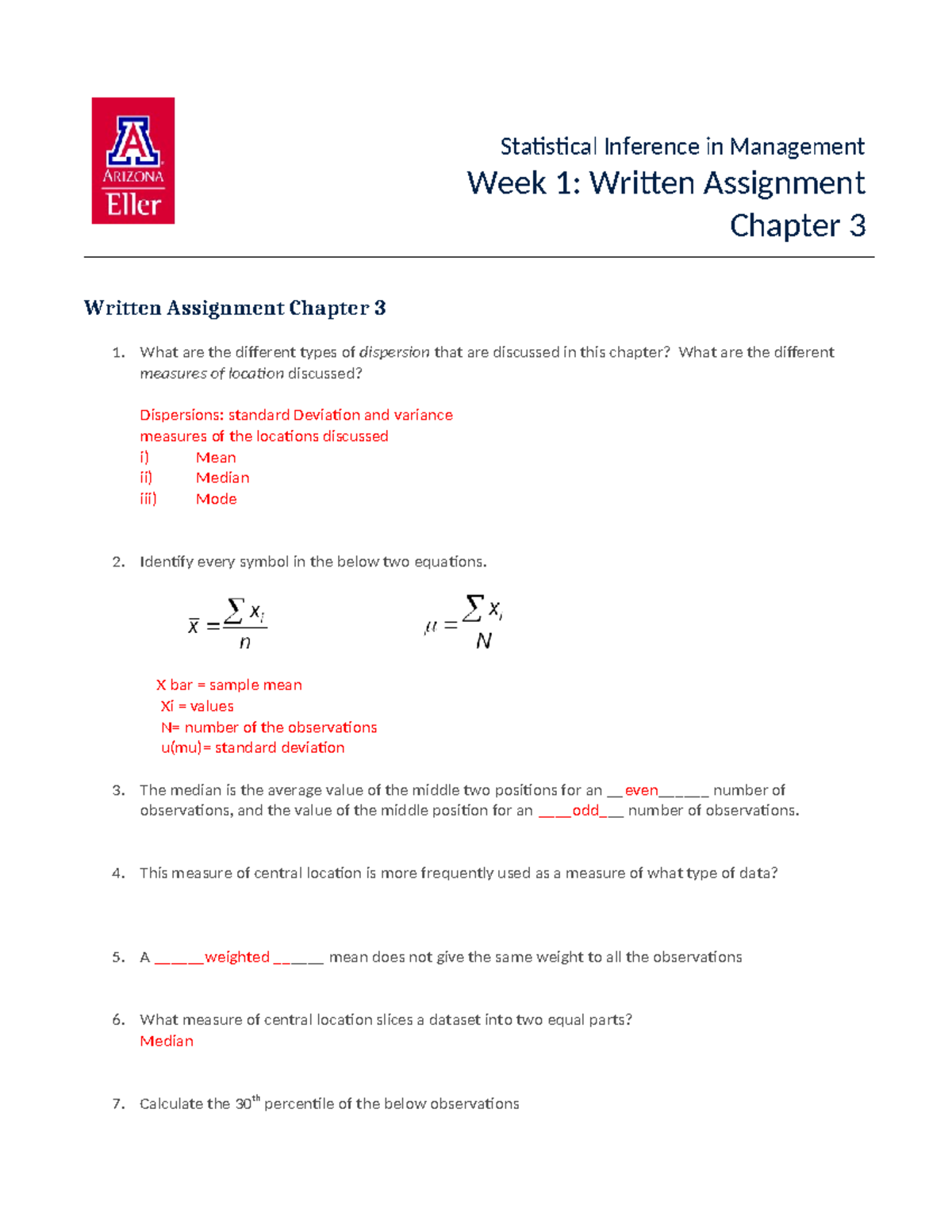 UG BNAD 276 Written Assignment Chapter 3 - Statistical Inference in Management Week 1: Written ...