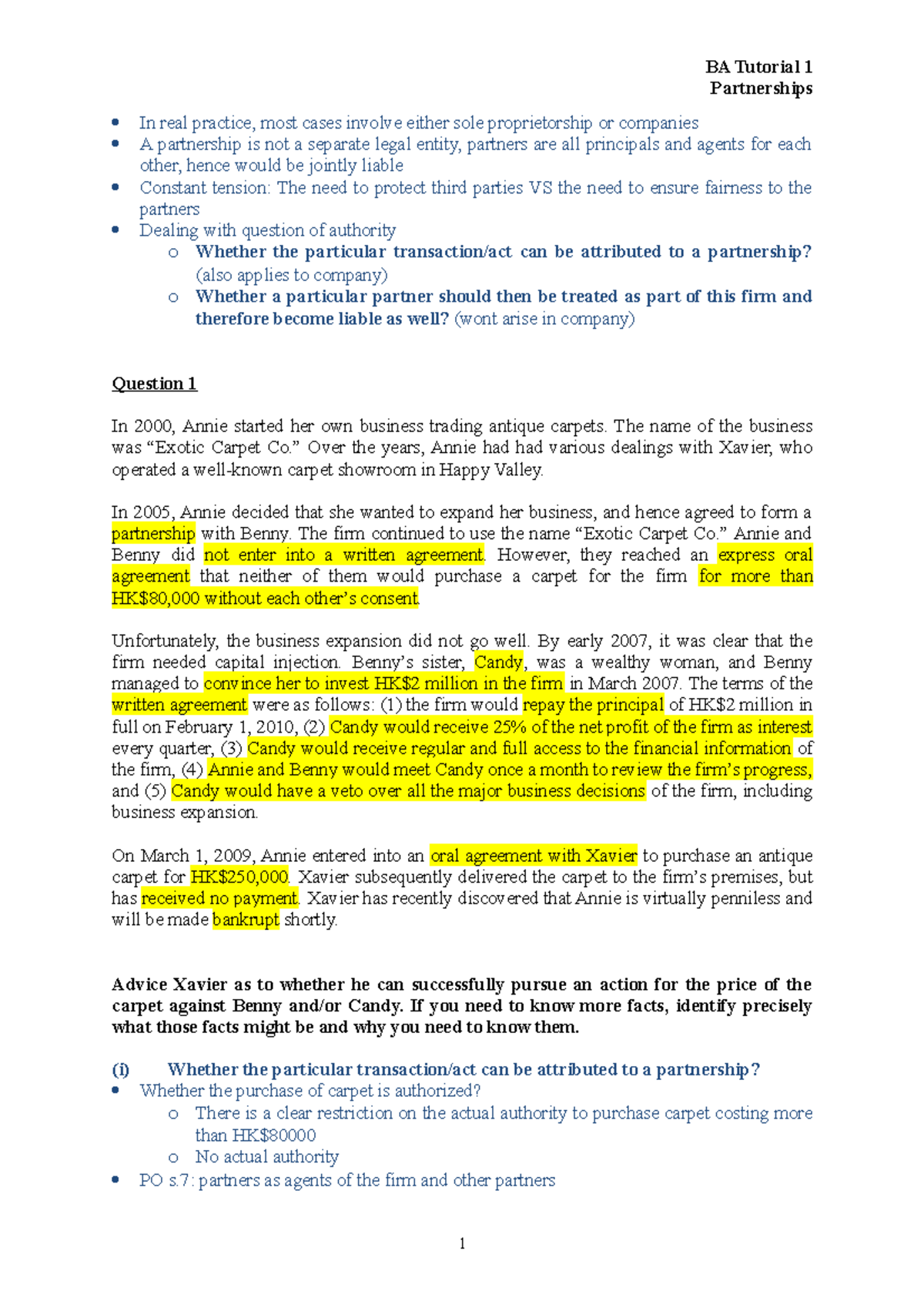 Tutorial 1 Partnerships - BA Tutorial 1 Partnerships In real practice ...