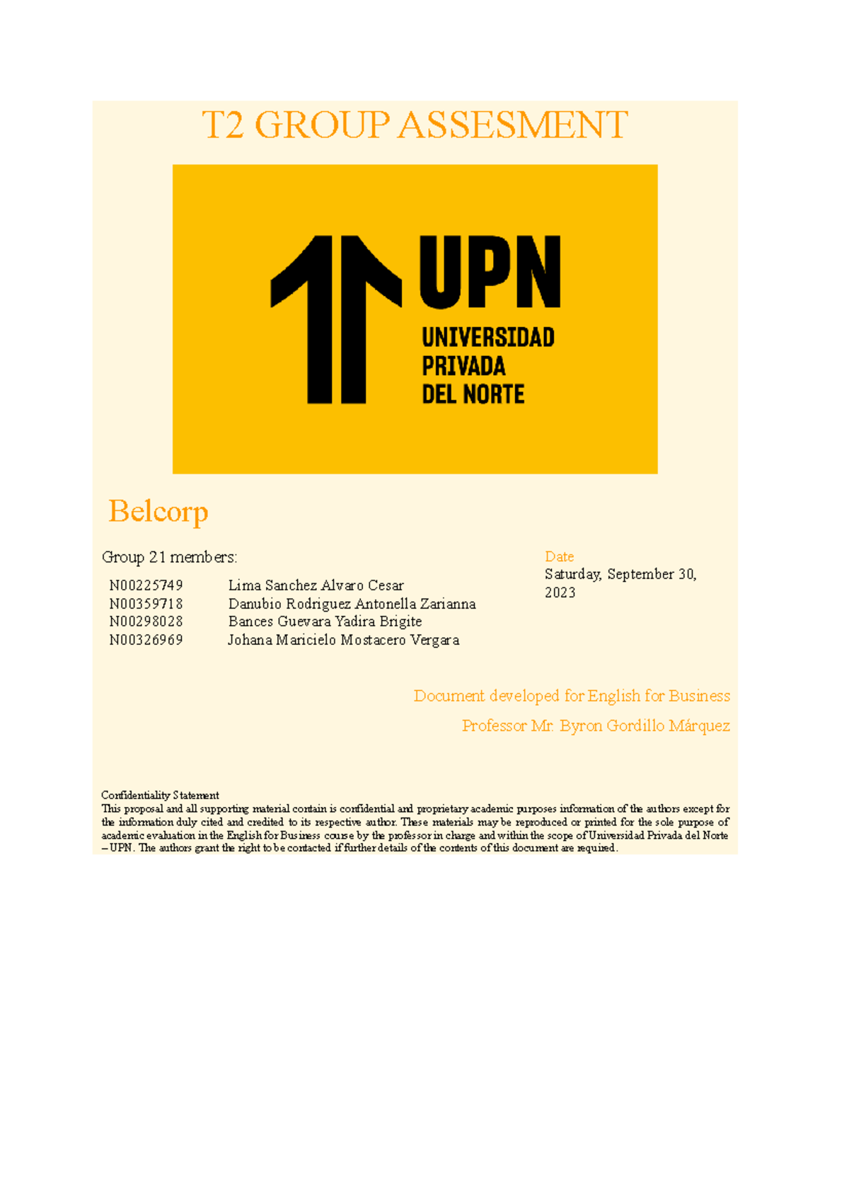 T2 English for business - T2 GROUP ASSESMENT Belcorp Group 21 members ...