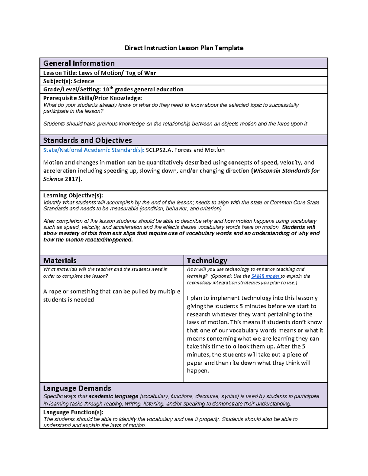 Lesson plan Allen K 2 - Direct Instruction Lesson Plan Template General ...