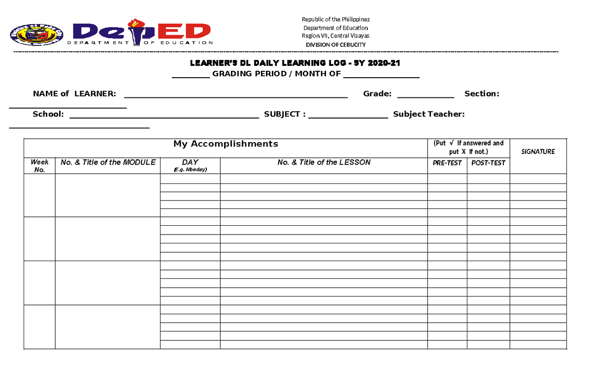 Learners DL Daily Learning Log - D E P A R T M E N T O F E D U C A T I ...