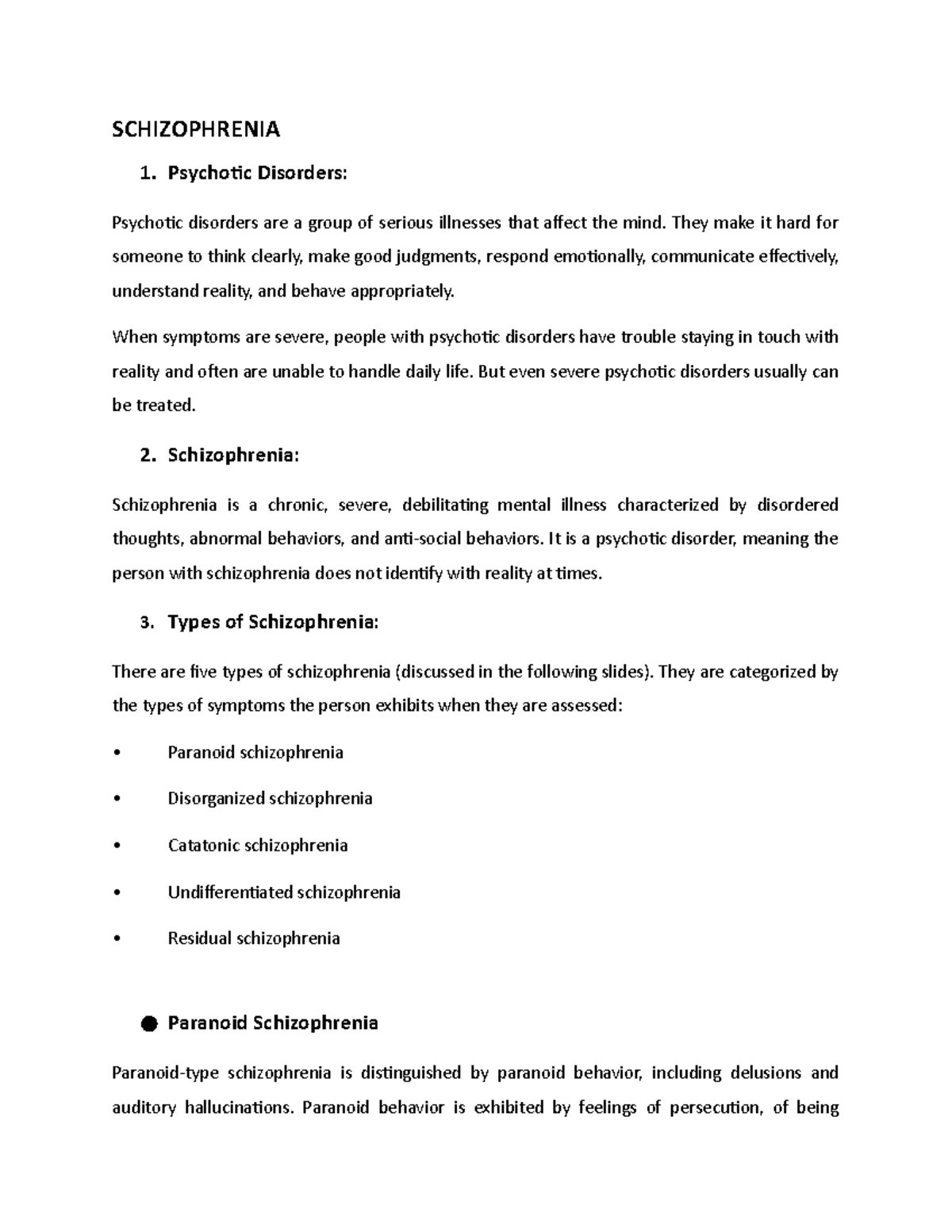 Schizophrenia write-up - SCHIZOPHRENIA 1. Psychotic Disorders ...