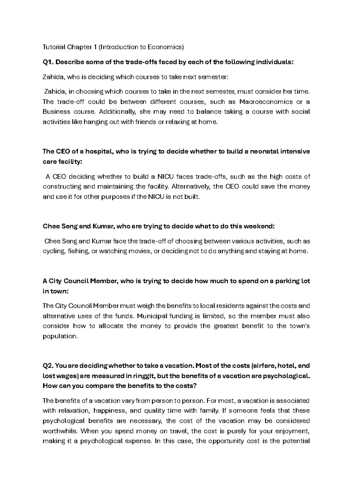 Macro Tutorial Chapter 1 Tutorial Chapter 1 Introduction To Economics Q1 Describe Some Of