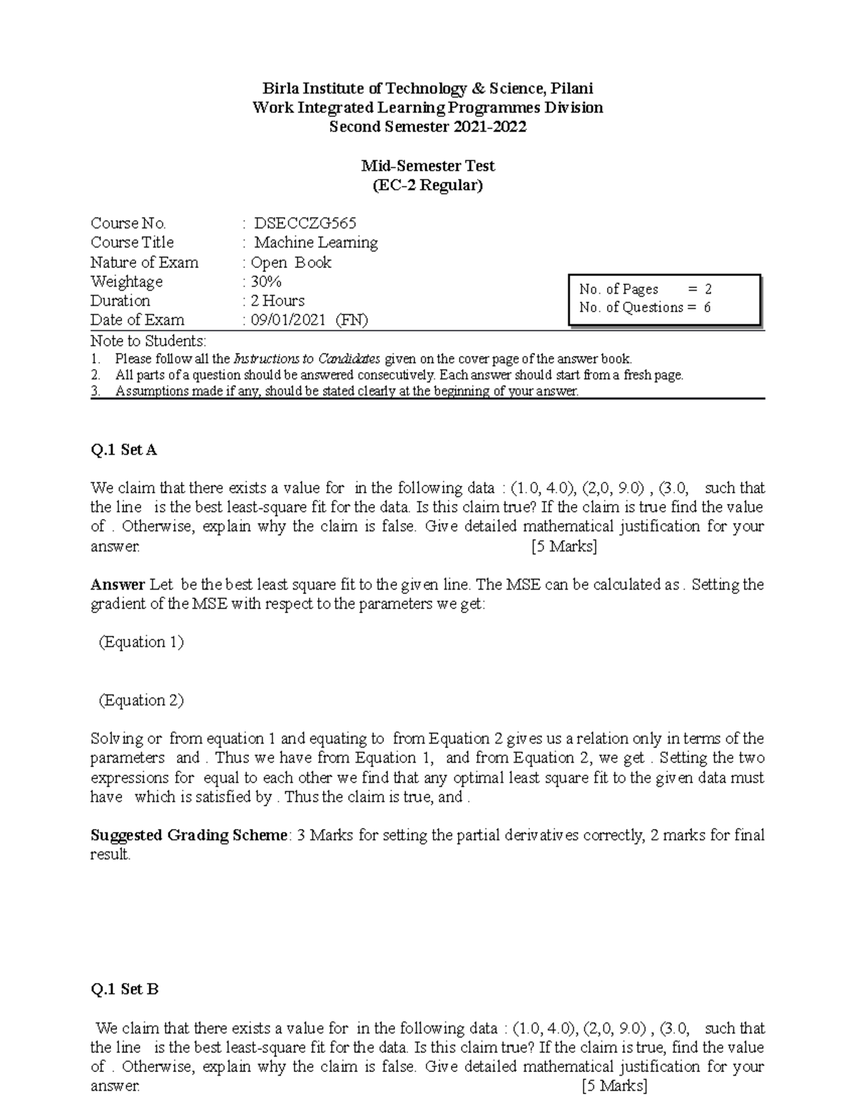 Mid Semester Question Paper Cognizant June 2022 Answer Key - Birla Institute of Technology ...