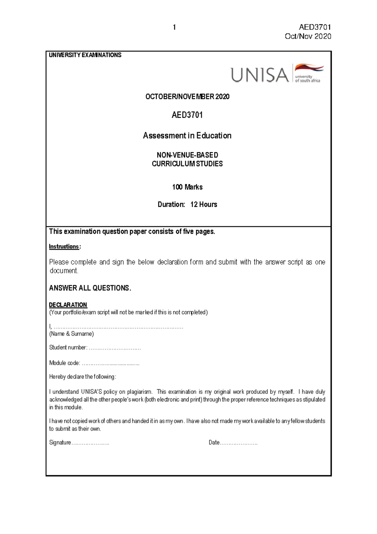 Exam paper 2020 - Notes - Oct/Nov 2020 UNIVERSITY EXAMINATIONS OCTOBER ...