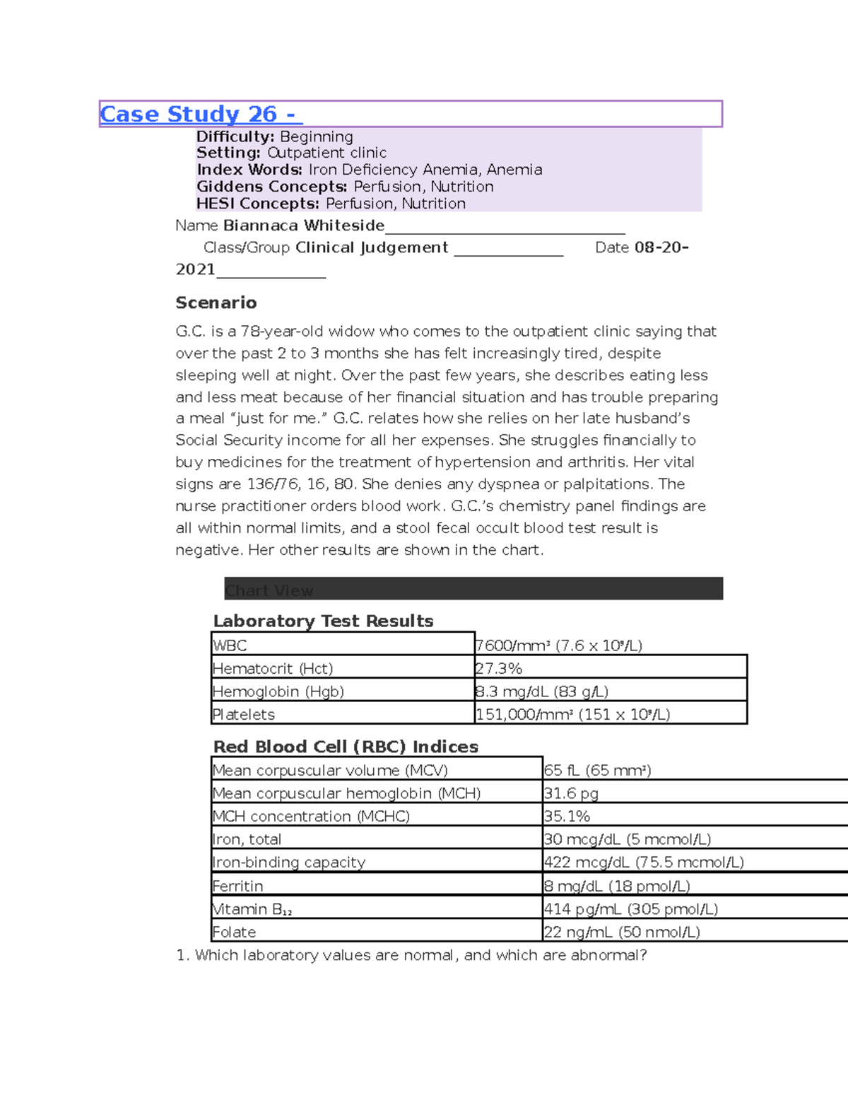 Case Study 26 - Nursing - Case Study 26 - Difficulty: Beginning Setting ...