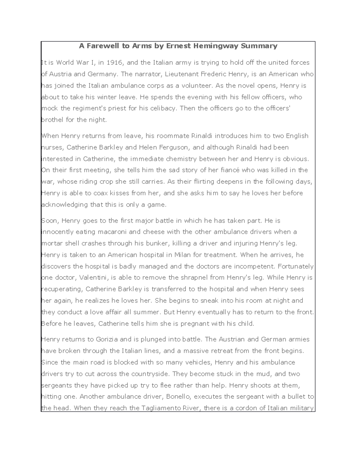 A Farewell to Arms by Ernest Hemingway Summary - The narrator ...