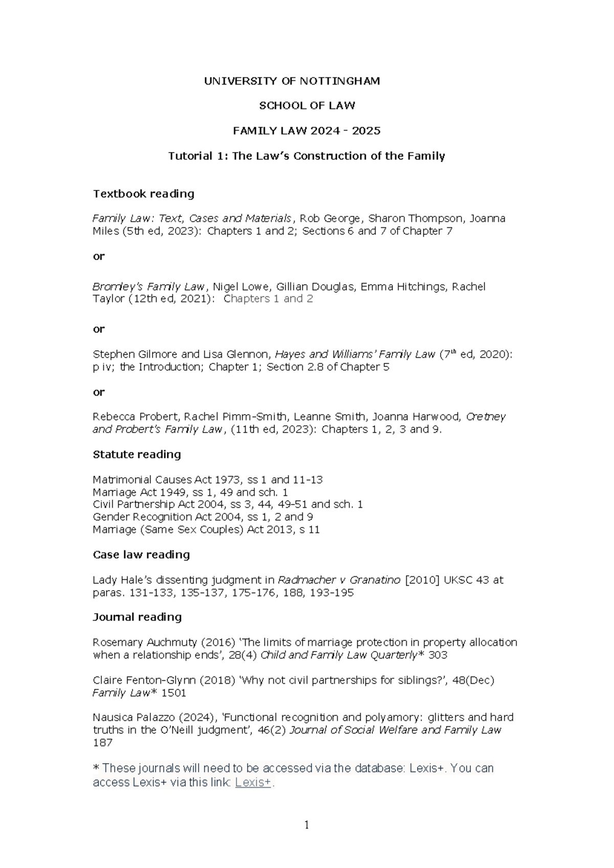Tut1 24-25 - Tutorial 1 worksheet - UNIVERSITY OF NOTTINGHAM SCHOOL OF LAW FAMILY LAW 2024 ...