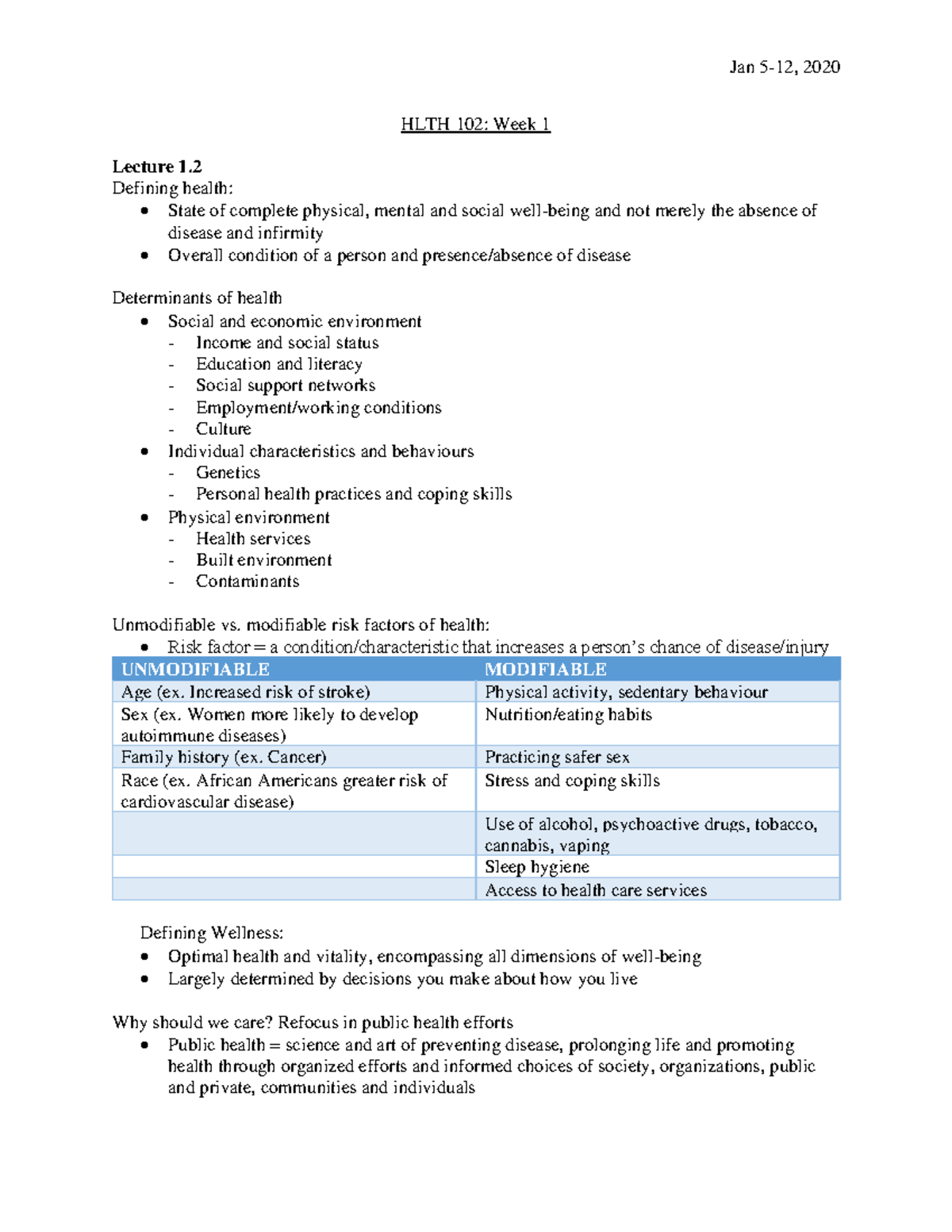 HLTH 102 Wk1 - notes from first lecture - HLTH 102: Week 1 Lecture 1 ...