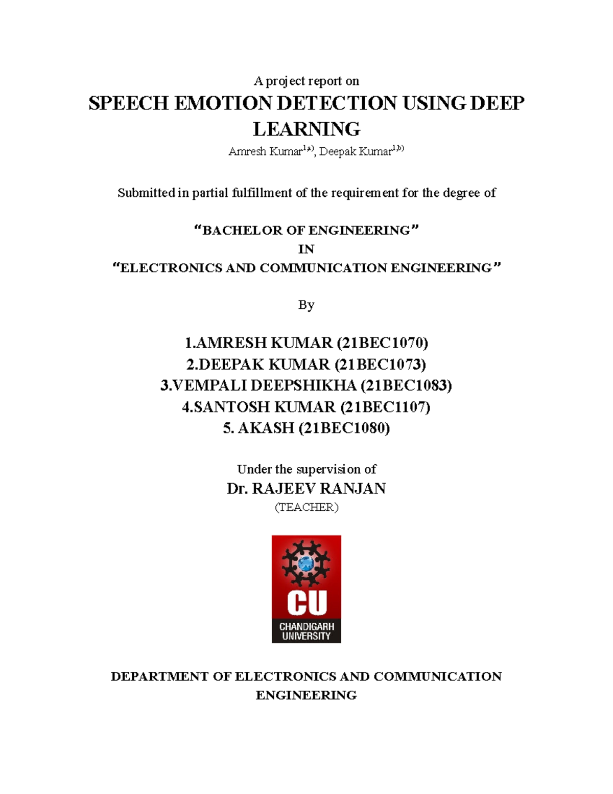 SER final report - A project report on SPEECH EMOTION DETECTION USING ...