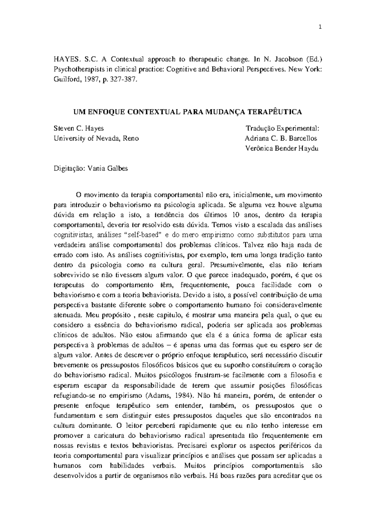 Hayes Texto ACT - HAYES. S. A Contextual approach to therapeutic change ...