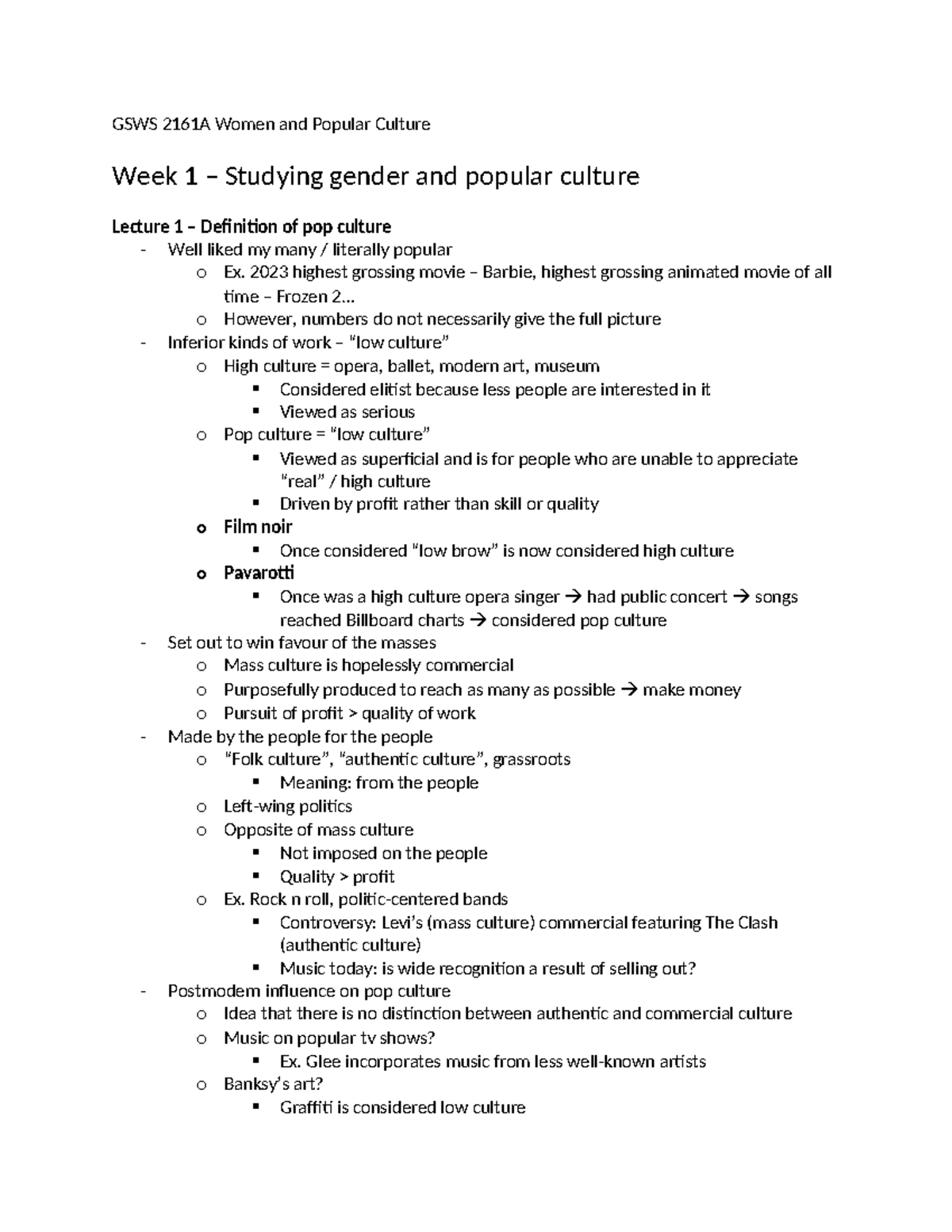 Women and pop culture notes for weeks 1-4 - GSWS 2161A Women and ...
