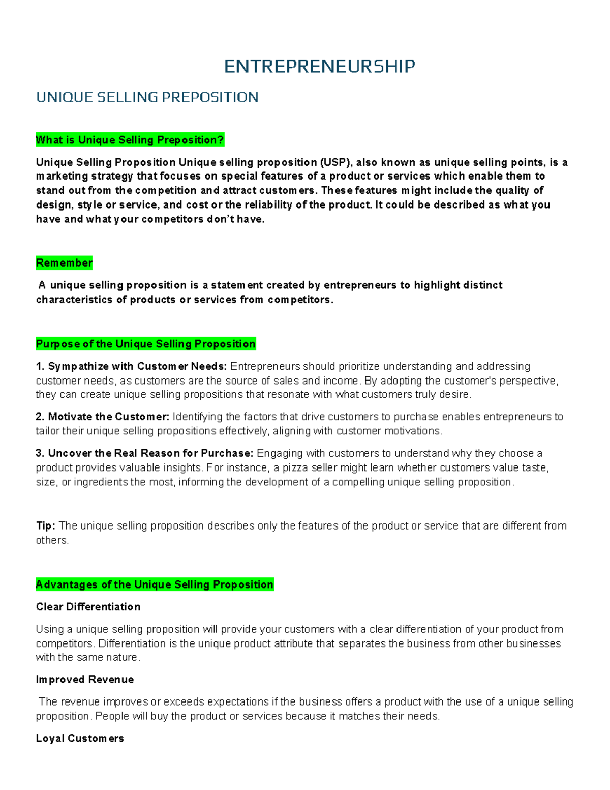 Entrep - ENTREPRENEURSHIP UNIQUE SELLING PREPOSITION What is Unique ...