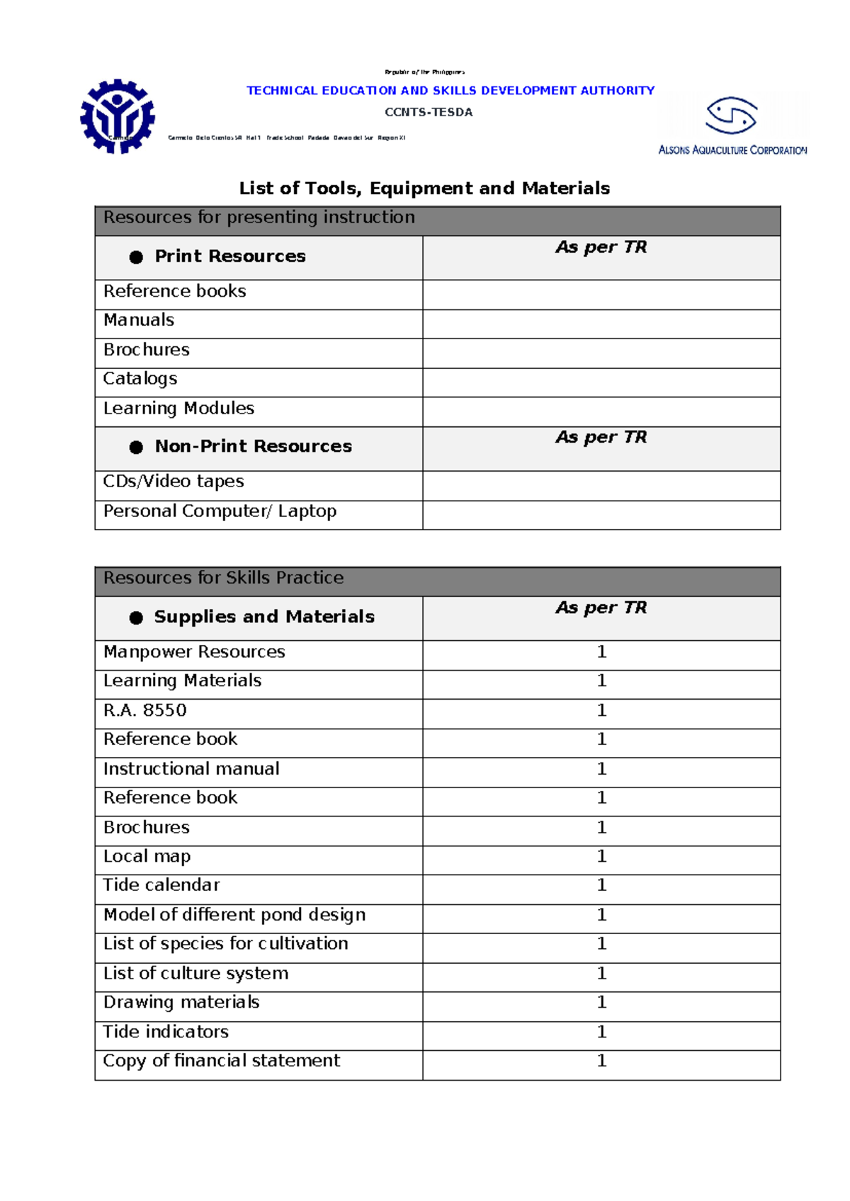 List-of-Tools-Equipments-and-Materials - TECHNICAL EDUCATION AND SKILLS ...