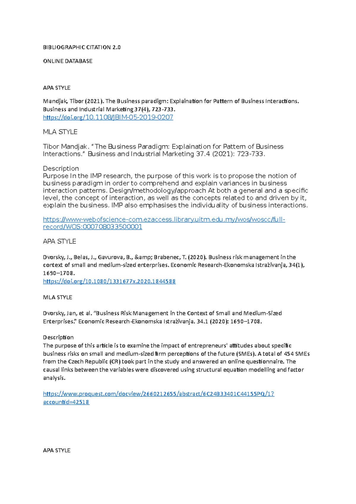 Bibliographic Citation 2 - BIBLIOGRAPHIC CITATION 2. ONLINE DATABASE ...