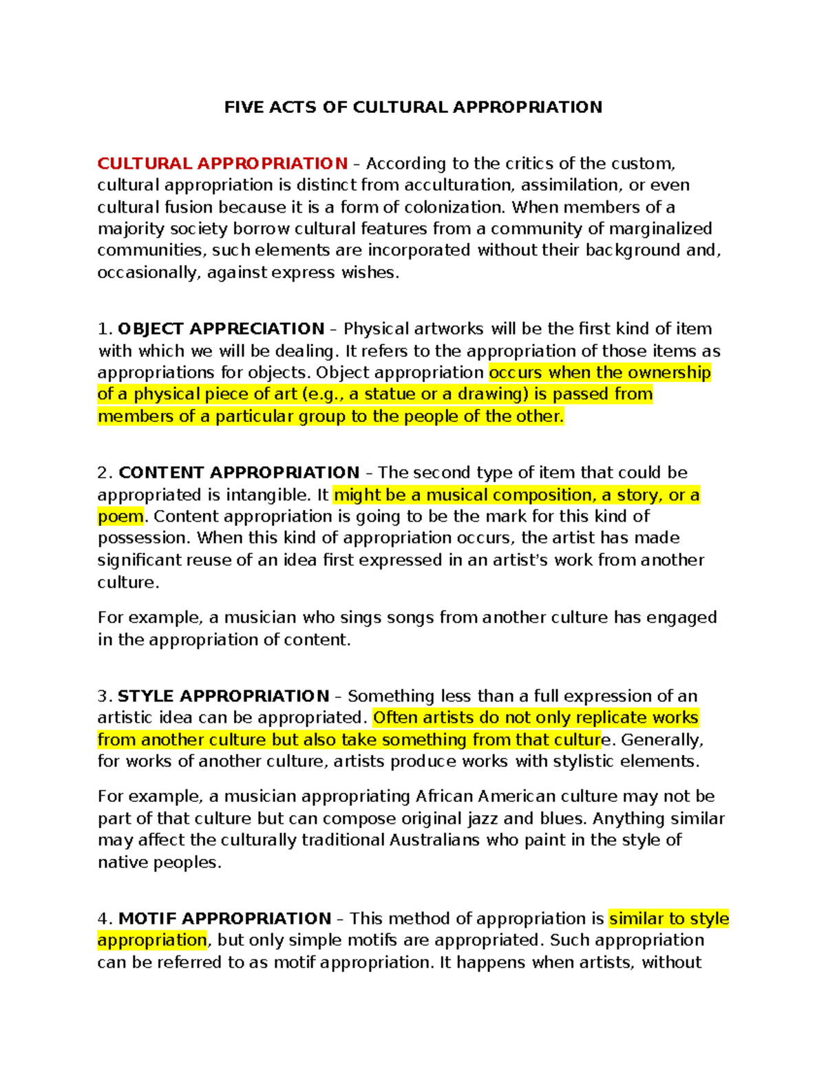 FIVE ACTS OF ART Appreciation - FIVE ACTS OF CULTURAL APPROPRIATION ...