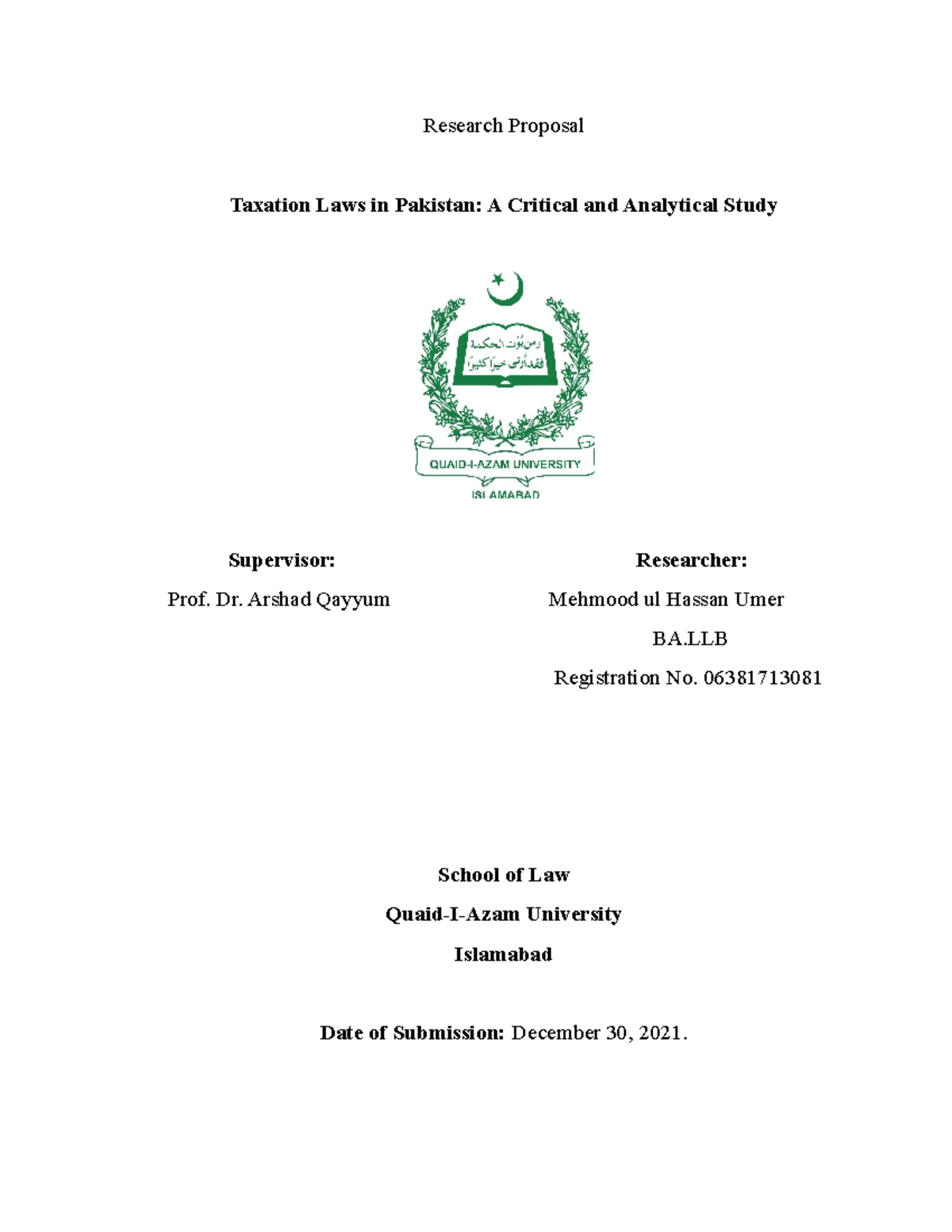 Taxation laws in Pakistan - Research Proposal Taxation Laws in Pakistan ...