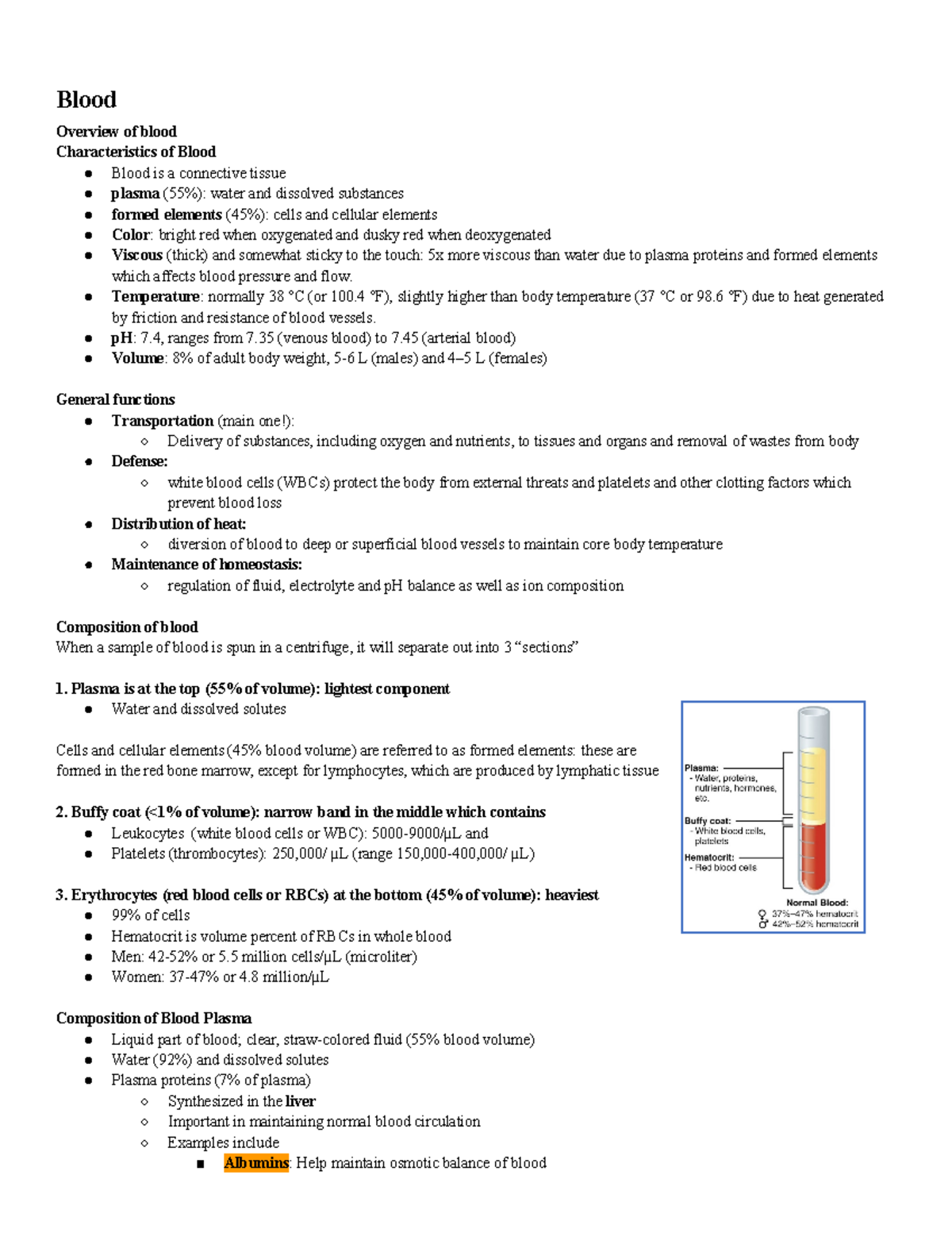 1.0 Blood - Blood Overview of blood Characteristics of Blood Blood is a ...