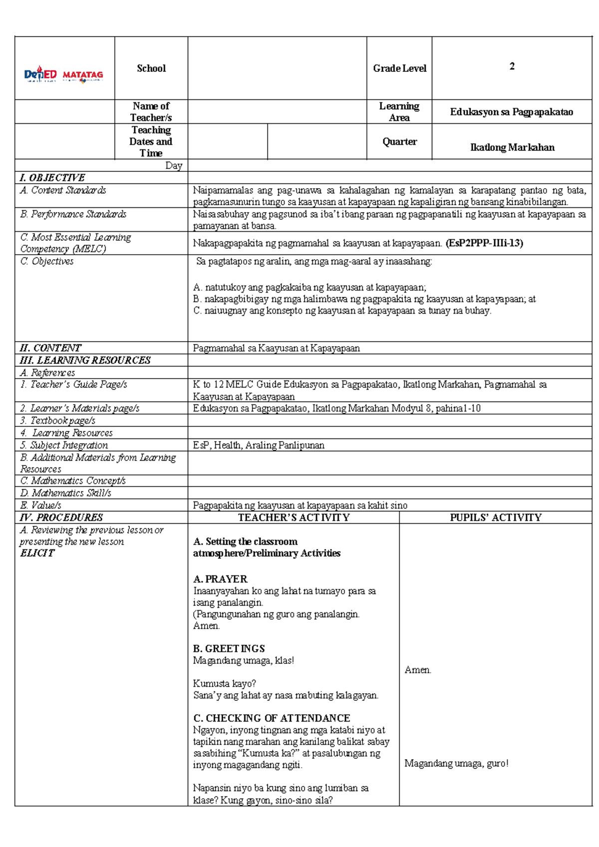 DLP ESP 2 1 - ABOUT DLP OF GMRC GRADE 2 - School Grade Level 2 Name of ...