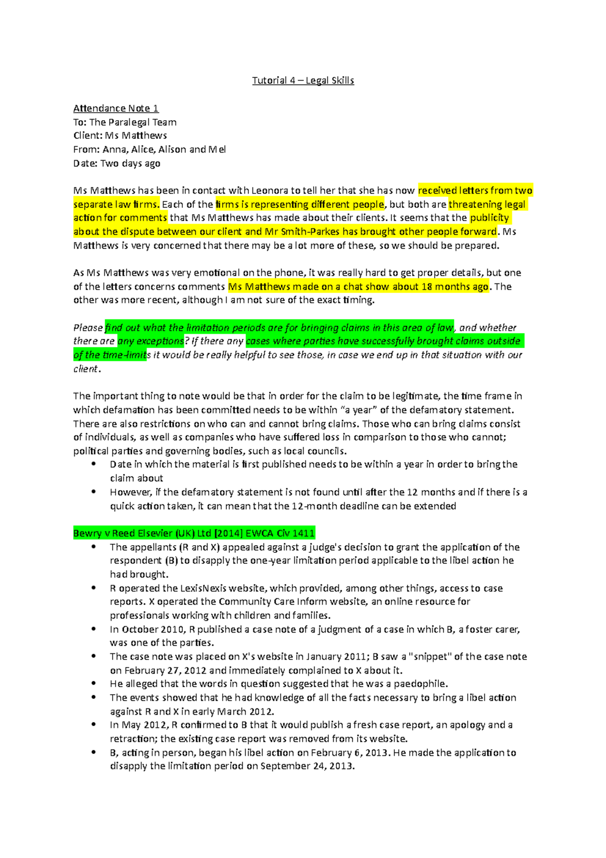 Tutorial 4 Activity - Tutorial 4 – Legal Skills Attendance Note 1 To ...