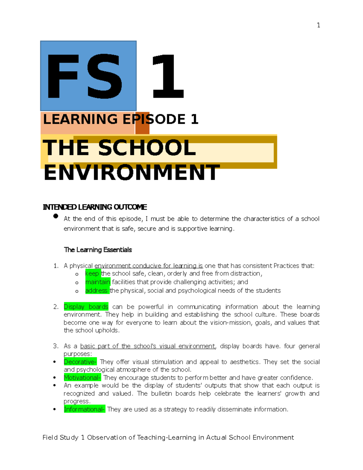 FS Module 1 16 - Field Study 1 - FS 1 LEARNING EPISODE 1 THE SCHOOL ...