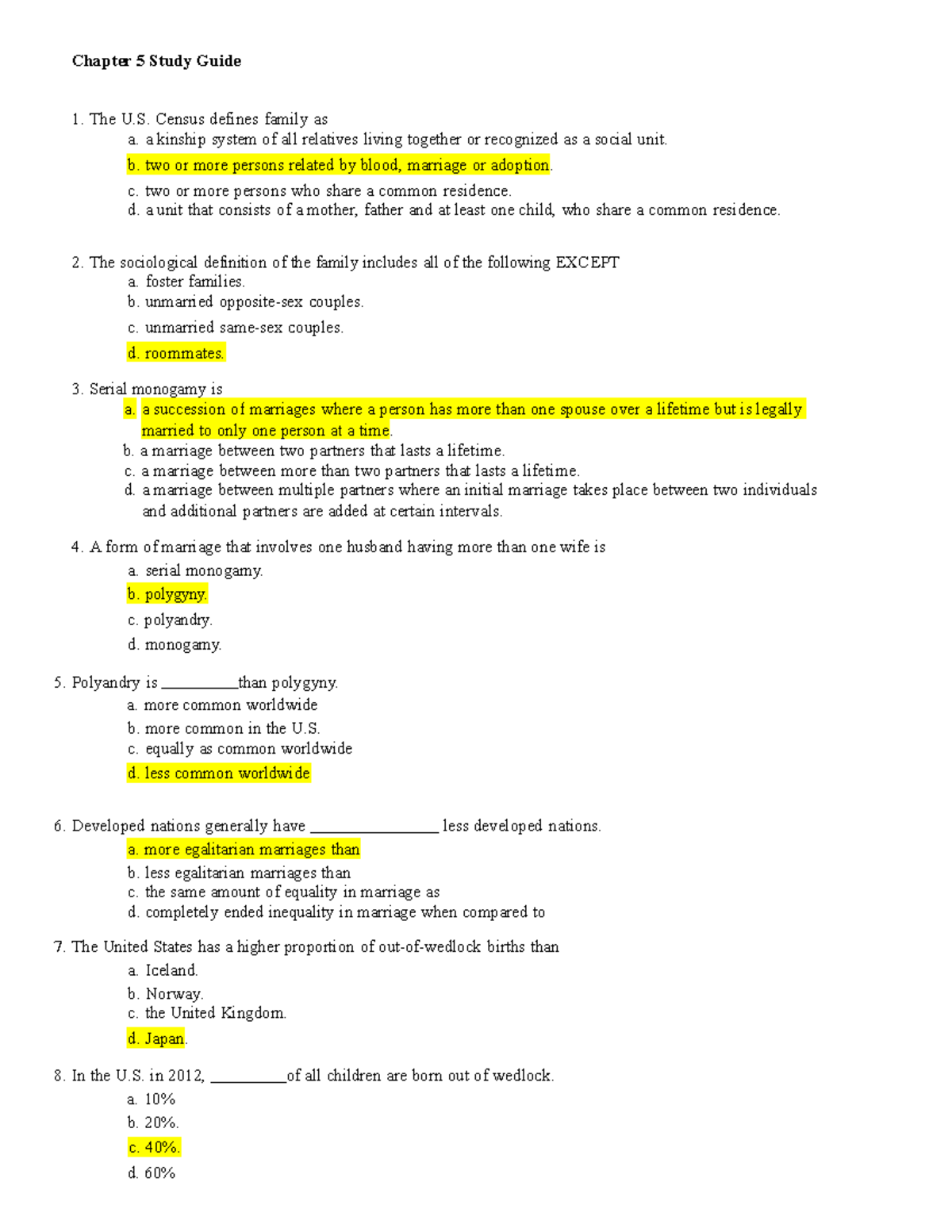 Chapter 5 Study Guide - Chapter 5 Study Guide The U. Census defines family as a. a kinship ...