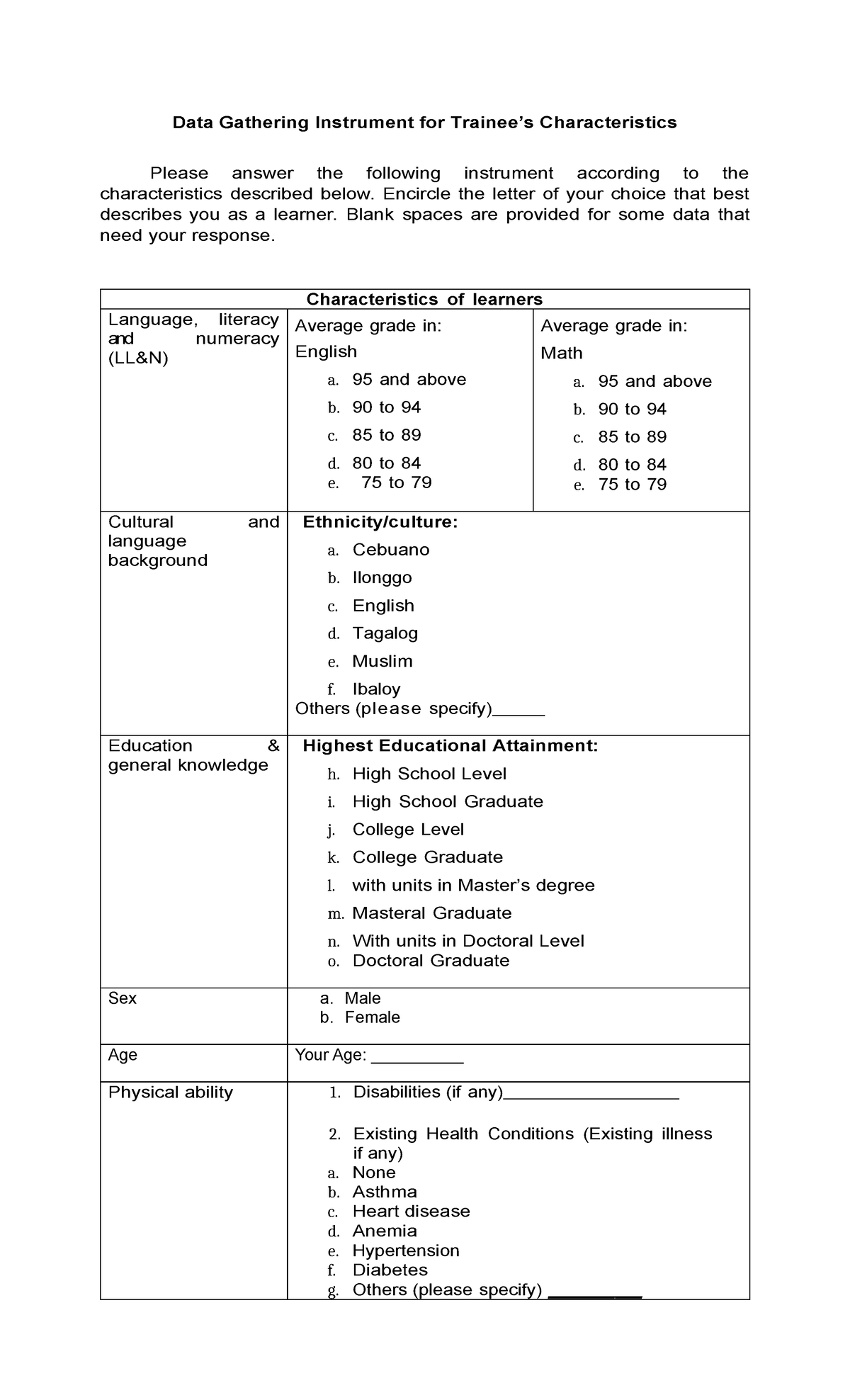 Activity 1 Sample Data Gathering - Data Gathering Instrument for ...