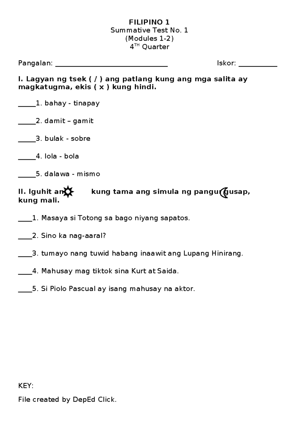 FIL 1 Q4 ST1 - summative - FILIPINO 1 Summative Test No. 1 (Modules 1-2 ...
