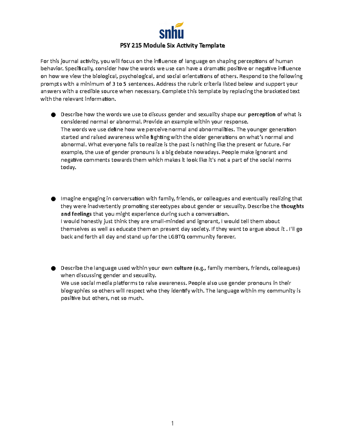 PSY 215 Module Six Activity Template - PSY 215 Module Six Activity ...