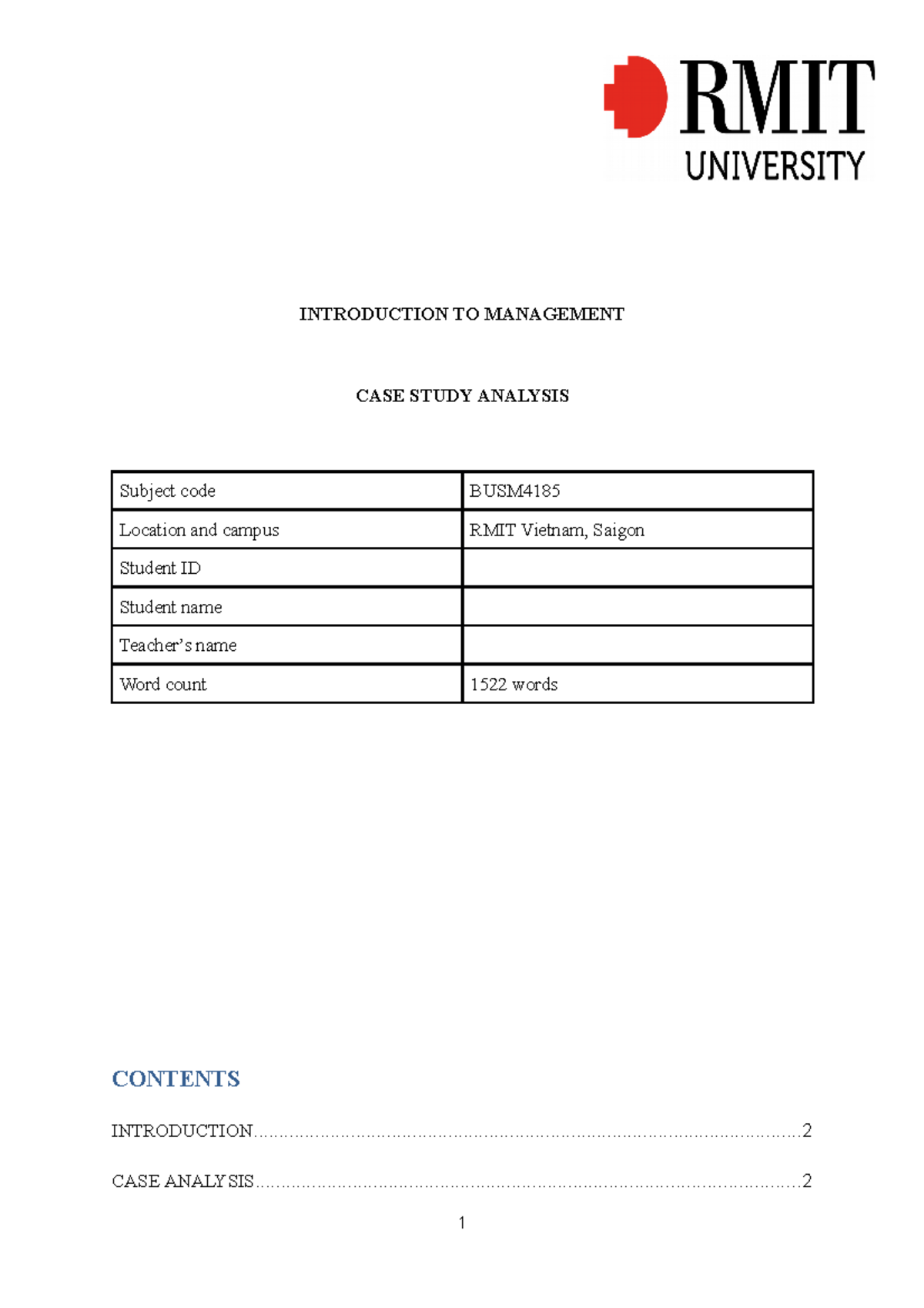Case analysis - assignment - INTRODUCTION TO MANAGEMENT CASE STUDY ANALYSIS Subject code BUSM ...
