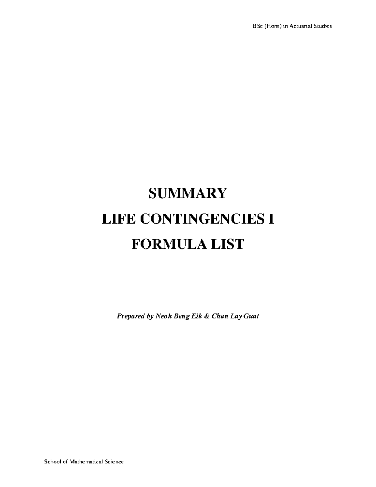 Life Contingencies I Formula List Revision - SUMMARY LIFE CONTINGENCIES ...