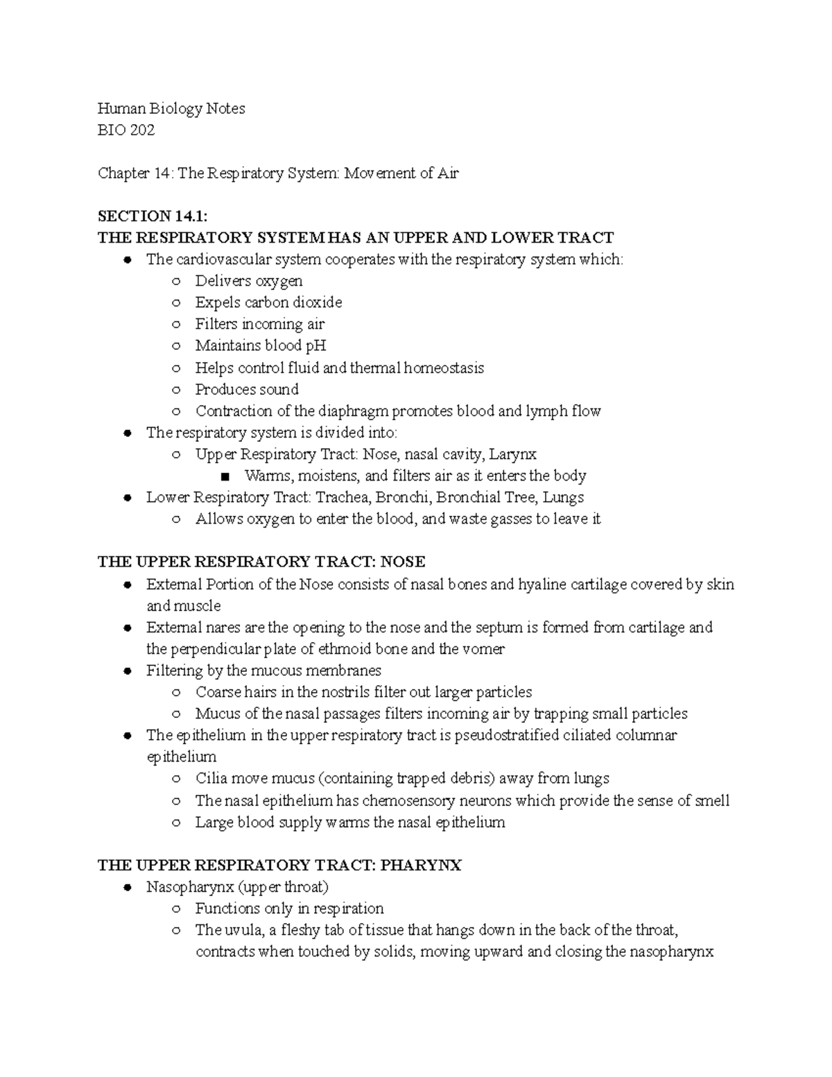 Bio Notes 7 - Human Biology Notes BIO 202 Chapter 14: The Respiratory ...