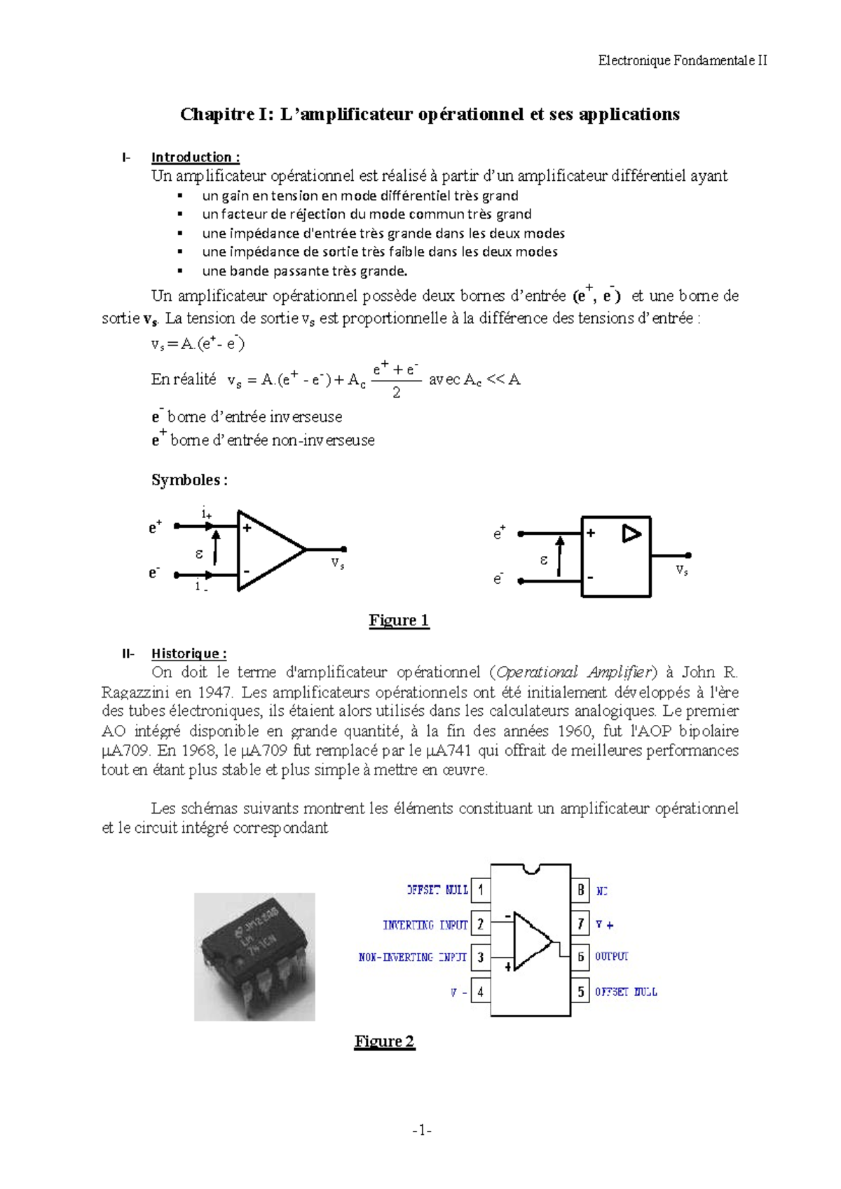 Chapitre I-1 AOP - .... - Chapitre I : L’amplificateur opérationnel et ses applications I- - Studocu