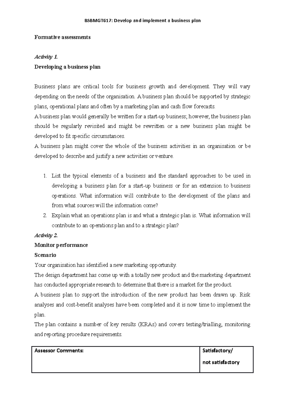 Bsbmgt 617 - develop and implement a business plan - Formative ...