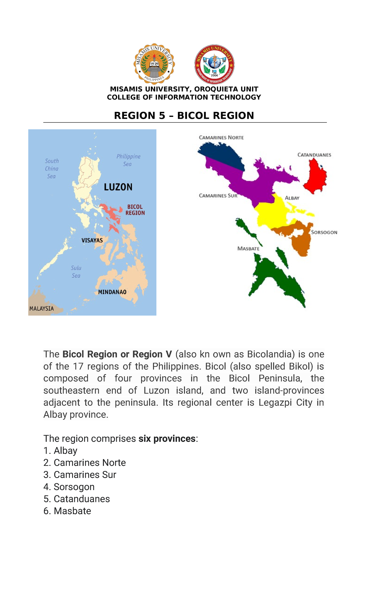 Region-5 - Hcisisi - MISAMIS UNIVERSITY, OROQUIETA UNIT COLLEGE OF ...